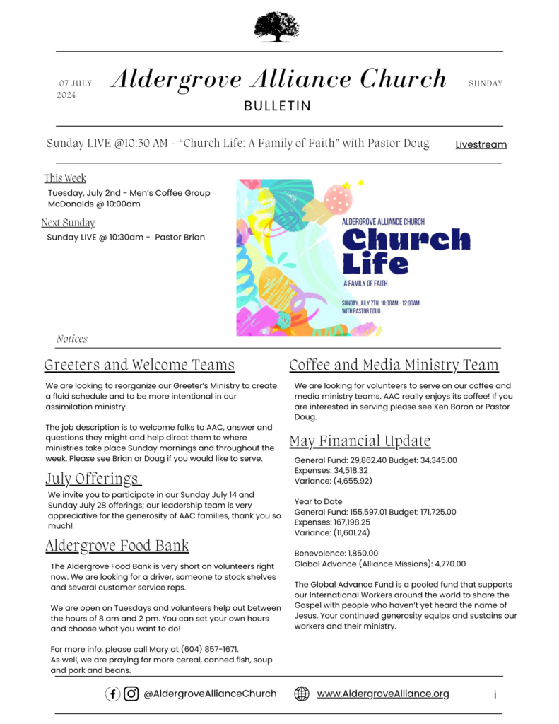 July 7th, 2024 Bulletin – Aldergrove Alliance Church